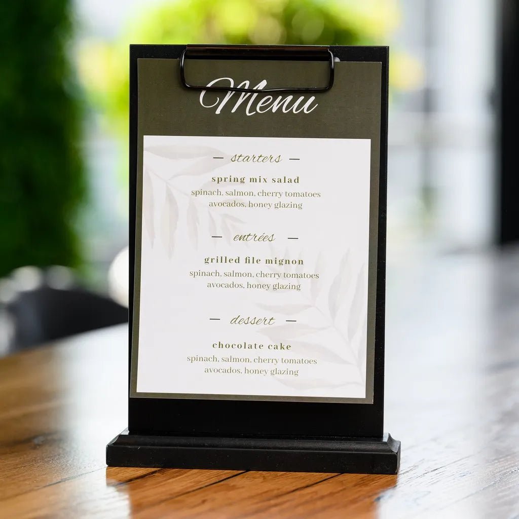 Black Oak Table Stand Menu Holder with black binder (TT408A5)